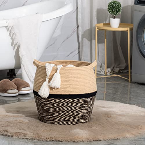 KAKAMAY Woven Baskets for Storage(17"x17"),Large Cotton Rope Basket Baby Laundry Hamper,Collapsible Basket, Blanket Organizing Living Room,Nursery,Clothes,Toy chest (Black)