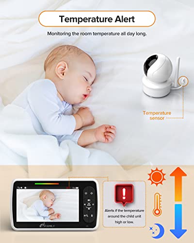 Baby Monitor – 5” Large Display Video Baby Monitor with Remote Pan-Tilt-Zoom |Infrared Night Vision, Temperature Display, Lullaby, Two Way Audio |960ft Range Baby Monitor with Camera and Audio