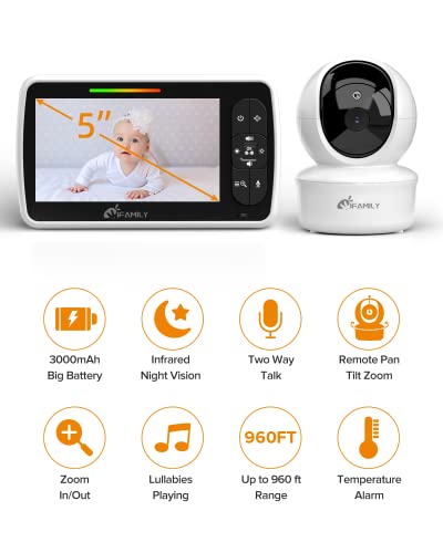 Baby Monitor – 5” Large Display Video Baby Monitor with Remote Pan-Tilt-Zoom |Infrared Night Vision, Temperature Display, Lullaby, Two Way Audio |960ft Range Baby Monitor with Camera and Audio