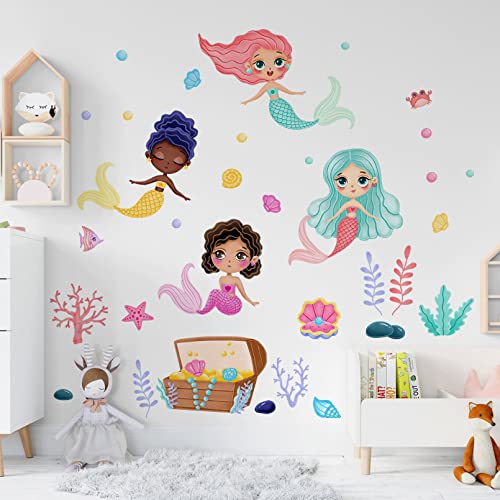 Mfault Baby Girls Black Mermaid Under The Sea Wall Decals Stickers, Multicultural Ocean Creatures Nursery Decoration Bedroom Playroom Art, Shell Bubble Coral Seaweed Kids Room Bathroom Home Decor