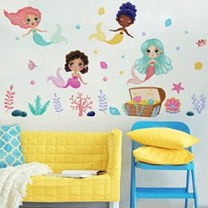 Mfault Baby Girls Black Mermaid Under The Sea Wall Decals Stickers, Multicultural Ocean Creatures Nursery Decoration Bedroom Playroom Art, Shell Bubble Coral Seaweed Kids Room Bathroom Home Decor