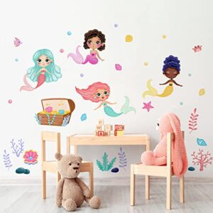 Mfault Baby Girls Black Mermaid Under The Sea Wall Decals Stickers, Multicultural Ocean Creatures Nursery Decoration Bedroom Playroom Art, Shell Bubble Coral Seaweed Kids Room Bathroom Home Decor