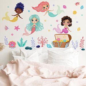 Mfault Baby Girls Black Mermaid Under The Sea Wall Decals Stickers, Multicultural Ocean Creatures Nursery Decoration Bedroom Playroom Art, Shell Bubble Coral Seaweed Kids Room Bathroom Home Decor