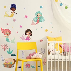 Mfault Baby Girls Black Mermaid Under The Sea Wall Decals Stickers, Multicultural Ocean Creatures Nursery Decoration Bedroom Playroom Art, Shell Bubble Coral Seaweed Kids Room Bathroom Home Decor