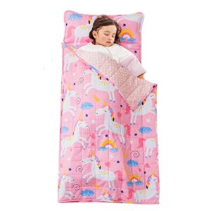 sivio toddler nap mat for daycare, sleeping bag for kids with detachable pillow, weighted blanket 3lbs for kids napping, cotton soft for preschool kindergarten, 50 x 20 inches,pink unicorn