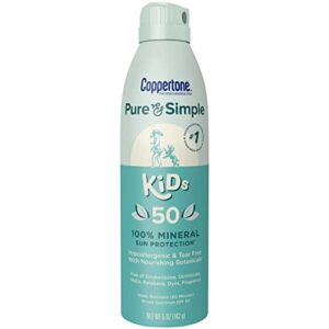 Coppertone Pure & Simple Kids Sunscreen SPF 50 Multi Pack, Kids Zinc Oxide Mineral Sunscreen Spray & Kids Sunscreen Stick, Sunscreen for Face, (5 oz +.49 oz)