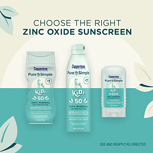 Coppertone Pure & Simple Kids Sunscreen SPF 50 Multi Pack, Kids Zinc Oxide Mineral Sunscreen Spray & Kids Sunscreen Stick, Sunscreen for Face, (5 oz +.49 oz)