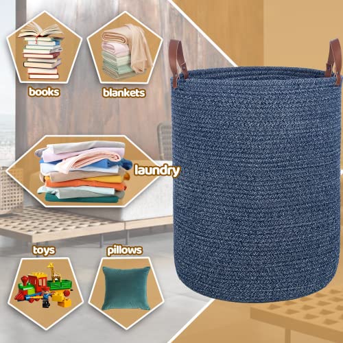 Caroeas XX-Large Cotton Rope Basket, 20'' x 16'' Rope Baskets with Leather Handles, 80L Woven Baby Laundry Blanket Basket, Woven Basket for Toys, Collapsible Rope Laundry Basket (Blue)