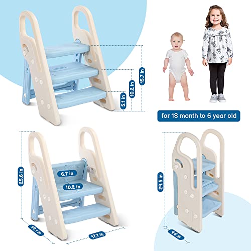 Onasti Foldable Toddler Step Stop for Bathroom Sink, Adjustable 3 Step Stool for Kids Toilet Potty Training Stool with Handles, Child Kitchen Counter Stool Helper, Plastic Ladder for Toddlers Blue