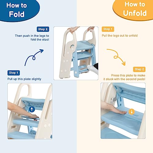 Onasti Foldable Toddler Step Stop for Bathroom Sink, Adjustable 3 Step Stool for Kids Toilet Potty Training Stool with Handles, Child Kitchen Counter Stool Helper, Plastic Ladder for Toddlers Blue