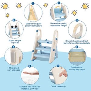 Onasti Foldable Toddler Step Stop for Bathroom Sink, Adjustable 3 Step Stool for Kids Toilet Potty Training Stool with Handles, Child Kitchen Counter Stool Helper, Plastic Ladder for Toddlers Blue