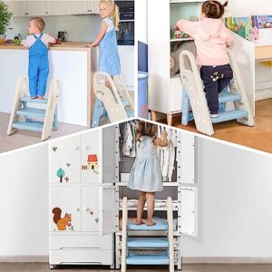 Onasti Foldable Toddler Step Stop for Bathroom Sink, Adjustable 3 Step Stool for Kids Toilet Potty Training Stool with Handles, Child Kitchen Counter Stool Helper, Plastic Ladder for Toddlers Blue