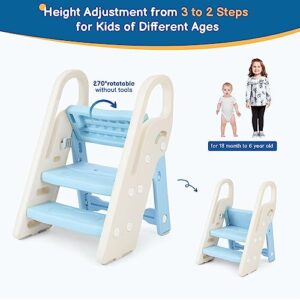 Onasti Foldable Toddler Step Stop for Bathroom Sink, Adjustable 3 Step Stool for Kids Toilet Potty Training Stool with Handles, Child Kitchen Counter Stool Helper, Plastic Ladder for Toddlers Blue