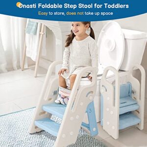 Onasti Foldable Toddler Step Stop for Bathroom Sink, Adjustable 3 Step Stool for Kids Toilet Potty Training Stool with Handles, Child Kitchen Counter Stool Helper, Plastic Ladder for Toddlers Blue