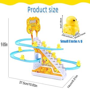 Small Ducks Climbing Toys, Electric Ducks Chasing Race Track Game Set, Playful Roller Coaster Toy with 9 Duck LED Flashing Lights & Music Button, Fun Duck Stair Climbing Toy for Toddlers and Kids (A)