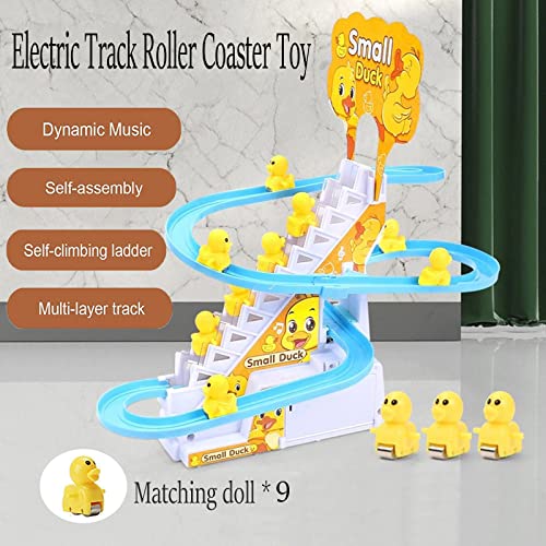 Small Ducks Climbing Toys, Electric Ducks Chasing Race Track Game Set, Playful Roller Coaster Toy with 9 Duck LED Flashing Lights & Music Button, Fun Duck Stair Climbing Toy for Toddlers and Kids (A)