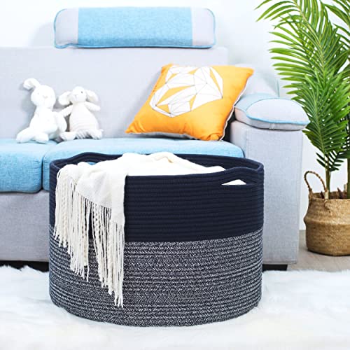 MINTWOOD Design Extra Large 22 x 14 Inches Blanket Storage Basket, Laundry Basket, Decorative Woven Cotton Rope Baskets for Blanket Storage Living Room, Toy Storage Basket Bin, Navy Blue