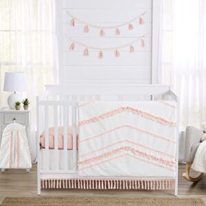 sweet jojo designs boho bohemian baby girl nursery crib bedding set - 4 pieces - blush pink and white farmhouse shabby chic designer modern minimalist tuft tufted tassel fringe macrame cotton