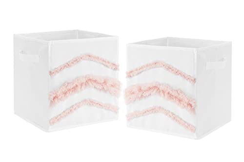 Sweet Jojo Designs Boho Bohemian Foldable Fabric Storage Cube Bins Boxes Organizer Toys Kids Baby Children - Set of 2 - Blush Pink White Farmhouse Shabby Chic Designer Modern Minimalist Tufted