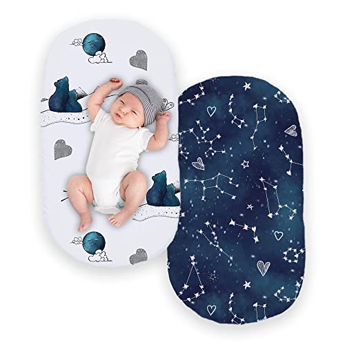 JumpOff Jo - 2-Pack Hypoallergenic Fitted Bassinet Sheet for Baby Boys & Girls - Rectangular, Hourglass & Oval Crib Compatible, Soft, Breathable, Machine Washable - Galaxy and Mama Bear