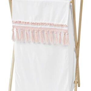 Sweet Jojo Designs Boho Bohemian Baby Kid Clothes Laundry Hamper - Blush Pink and White Farmhouse Shabby Chic Designer Modern Minimalist Tassel Fringe Macrame Cotton