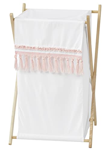 Sweet Jojo Designs Boho Bohemian Baby Kid Clothes Laundry Hamper - Blush Pink and White Farmhouse Shabby Chic Designer Modern Minimalist Tassel Fringe Macrame Cotton