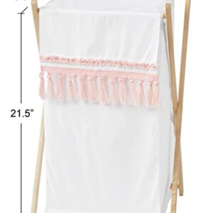 Sweet Jojo Designs Boho Bohemian Baby Kid Clothes Laundry Hamper - Blush Pink and White Farmhouse Shabby Chic Designer Modern Minimalist Tassel Fringe Macrame Cotton