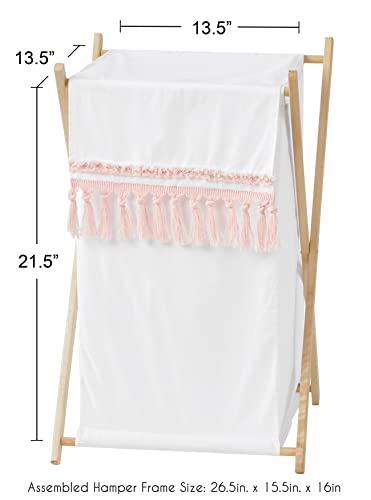 Sweet Jojo Designs Boho Bohemian Baby Kid Clothes Laundry Hamper - Blush Pink and White Farmhouse Shabby Chic Designer Modern Minimalist Tassel Fringe Macrame Cotton