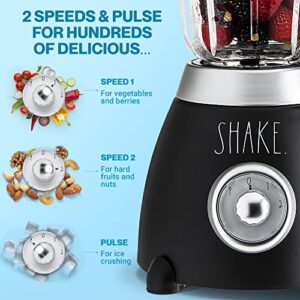 Rae Dunn Table and Countertop Blender- 2 Speed Blender with 1.5 L Glass Container and Lid, 500 W Shake and Smoothie Maker, Juice Blender with 6 Blades (Black)