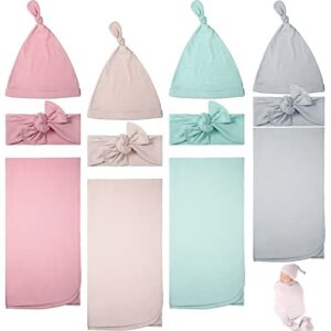 4 set newborn swaddle and headband set cotton swaddle hat set wrap receiving stretchy swaddle blankets swaddle and bow set newborn beanie newborn hat and swaddle (light green, gray, pink, light khaki)