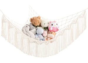 mkono stuffed animal hammock macrame toy storage organizer with lights and tassels boho hanging stuff animals net large capability corner toys display holder for nursery kid room playroom, 1 piece