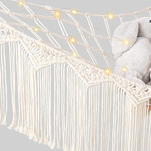 Mkono Stuffed Animal Hammock Macrame Toy Storage Organizer with Lights and Tassels Boho Hanging Stuff Animals Net Large Capability Corner Toys Display Holder for Nursery Kid Room Playroom, 1 piece