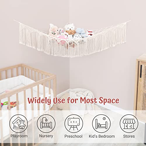 Mkono Stuffed Animal Hammock Macrame Toy Storage Organizer with Lights and Tassels Boho Hanging Stuff Animals Net Large Capability Corner Toys Display Holder for Nursery Kid Room Playroom, 1 piece