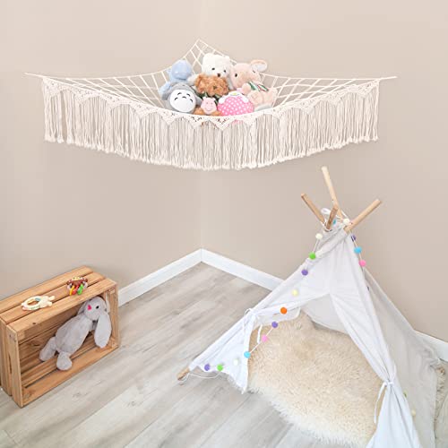 Mkono Stuffed Animal Hammock Macrame Toy Storage Organizer with Lights and Tassels Boho Hanging Stuff Animals Net Large Capability Corner Toys Display Holder for Nursery Kid Room Playroom, 1 piece