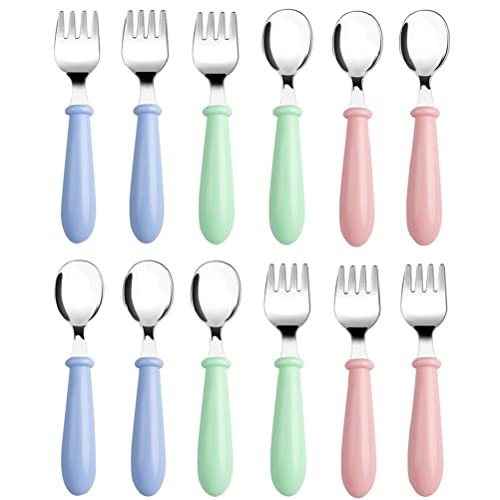 12 Pieces Toddler Utensils Kids Silverware Set Baby Forks and Spoons, Stainless Steel Childrens Safe Cutlery with Round Handle for Self Feeding, Dishwasher Safe