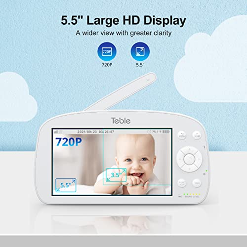 Baby Monitor 5.5" 720p HD Video Baby Monitor, 5000mAh Battery 26-Hour Audio Monitoring, Night Vision, Remote Pan Tilt, 2 Way Talk, VOX, Temperature, Feeding Reminder, 4X Zoom, 1000ft Range, Lullabies