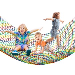 vevor climbing cargo net, 14.8 x 10.5 ft playground climbing cargo net, polyester double layers cargo net climbing outdoor w/500lbs weight capacity, rope bridge net for tree house, monkey bar, rainbow