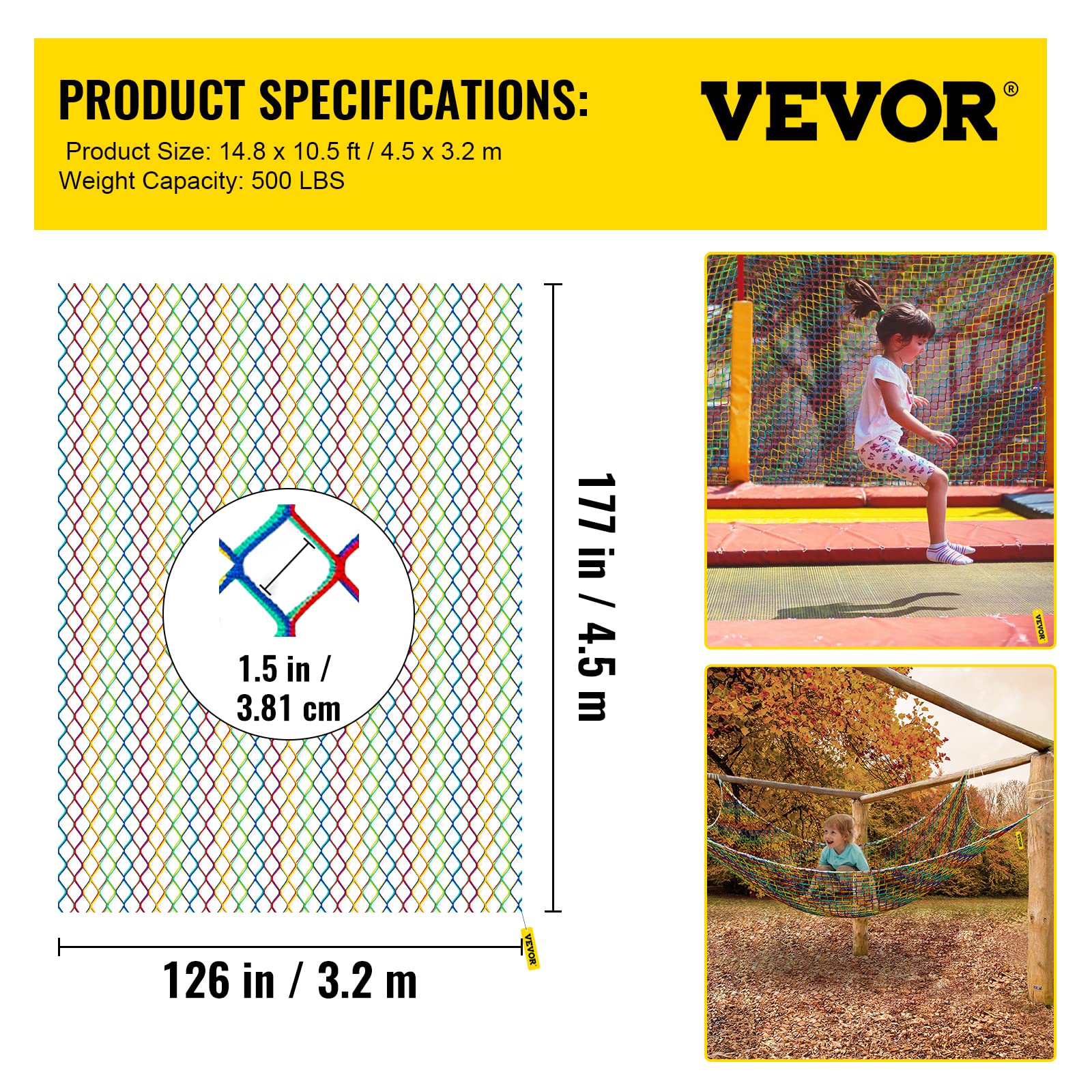 VEVOR Climbing Cargo Net, 14.8 x 10.5 ft Playground Climbing Cargo Net, Polyester Double Layers Cargo Net Climbing Outdoor w/500lbs Weight Capacity, Rope Bridge Net for Tree House, Monkey Bar, Rainbow