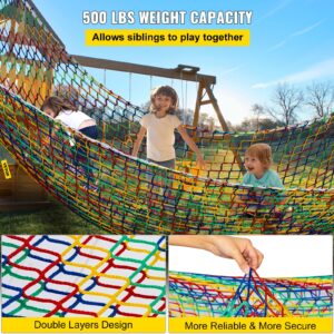 VEVOR Climbing Cargo Net, 14.8 x 10.5 ft Playground Climbing Cargo Net, Polyester Double Layers Cargo Net Climbing Outdoor w/500lbs Weight Capacity, Rope Bridge Net for Tree House, Monkey Bar, Rainbow