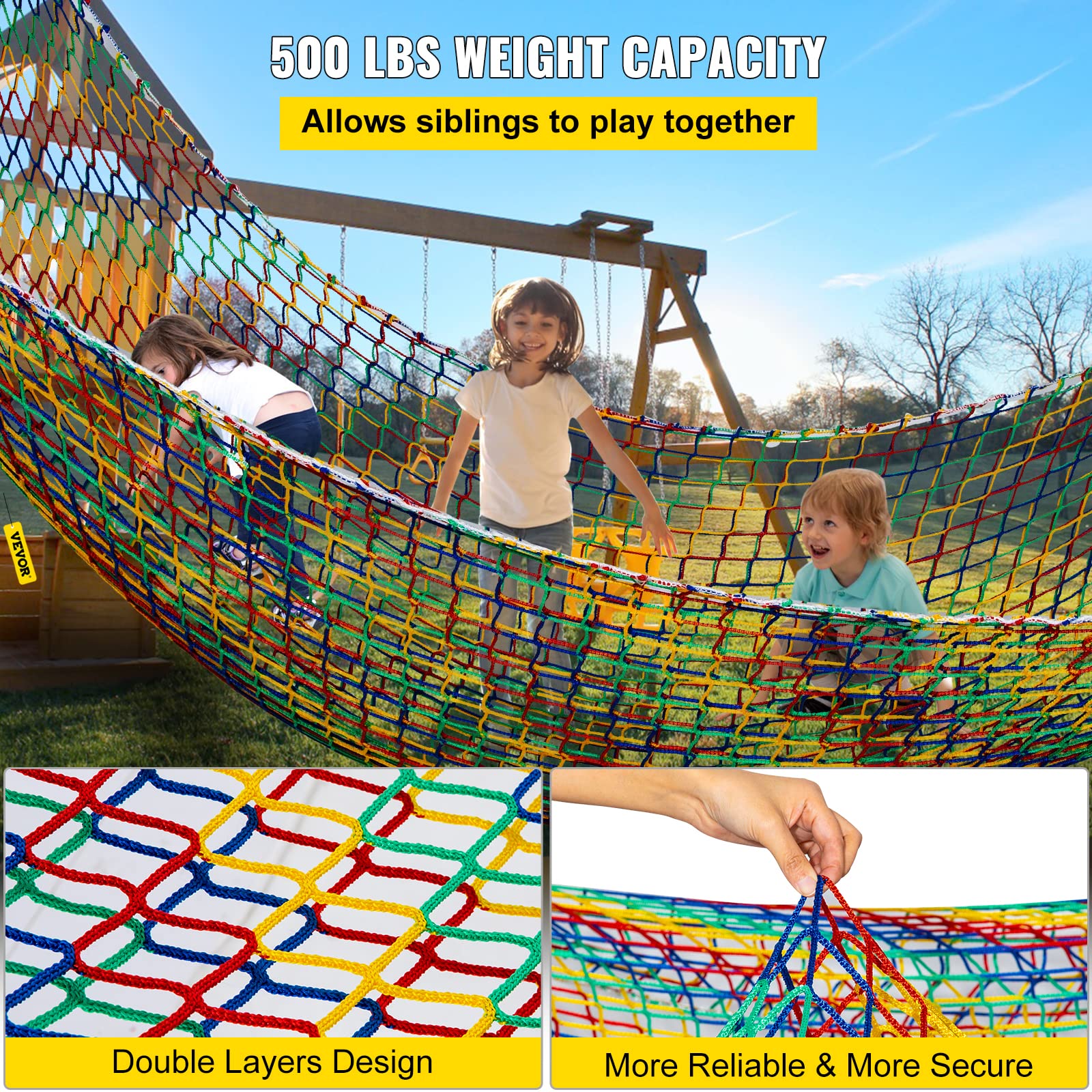 VEVOR Climbing Cargo Net, 14.8 x 10.5 ft Playground Climbing Cargo Net, Polyester Double Layers Cargo Net Climbing Outdoor w/500lbs Weight Capacity, Rope Bridge Net for Tree House, Monkey Bar, Rainbow