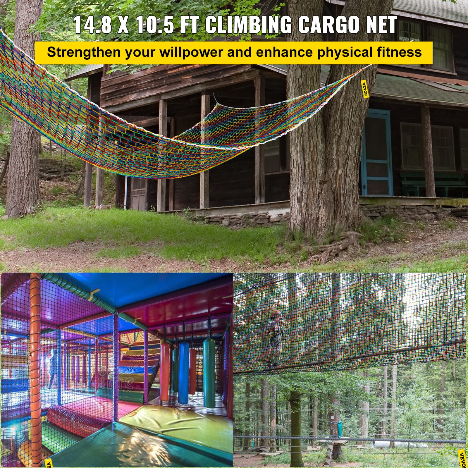 VEVOR Climbing Cargo Net, 14.8 x 10.5 ft Playground Climbing Cargo Net, Polyester Double Layers Cargo Net Climbing Outdoor w/500lbs Weight Capacity, Rope Bridge Net for Tree House, Monkey Bar, Rainbow