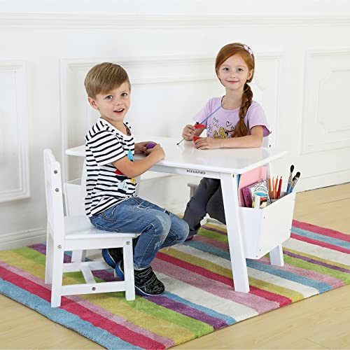 KRAND Kids Solid Wood Table and 2 Chair Set for Children with Built-in Storage Cases Storage Perfect Activity Table for Toddlers(Solid Wood/White)