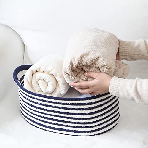 Sea Team Oval Cotton Rope Storage Basket, Woven Storage Bin, Nursery Storage Container with Handles, Diaper Caddy, Baby Shower Basket, Storage Box, Organizer, 15 x 11 x 6.5 Inches (Medium, Navy Blue)