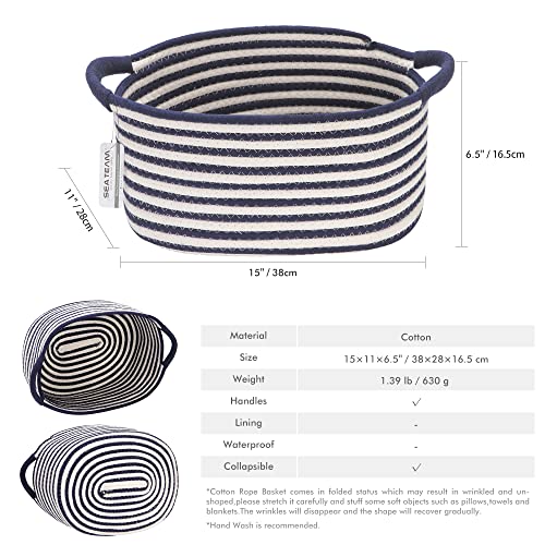 Sea Team Oval Cotton Rope Storage Basket, Woven Storage Bin, Nursery Storage Container with Handles, Diaper Caddy, Baby Shower Basket, Storage Box, Organizer, 15 x 11 x 6.5 Inches (Medium, Navy Blue)