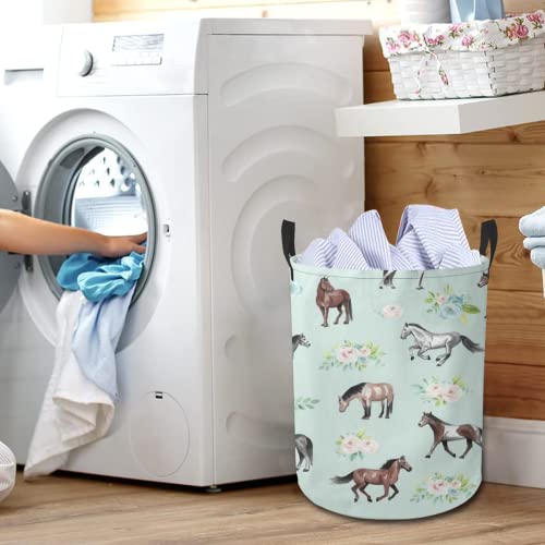 Floral Horse Pattern Laundry Basket Laundry Hamper Collapsible Storage Bin Oxford Fabric Clothes Baskets Nursery Hamper For Home,Office,Dorm,Gift Basket