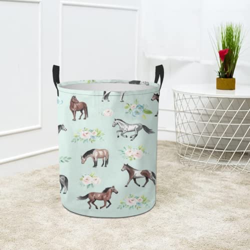 Floral Horse Pattern Laundry Basket Laundry Hamper Collapsible Storage Bin Oxford Fabric Clothes Baskets Nursery Hamper For Home,Office,Dorm,Gift Basket