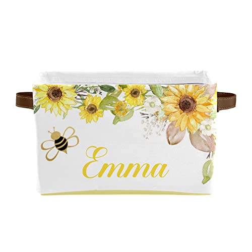 Deven Bee Sunflowers Yellow Personalized Large Storage Baskets for Organizing Shelves with Handle,Closet Decorative Storage Bins for Bathroom,Nursery,Home 1 Pack