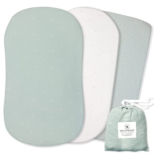 POPPI & MAX 100% Organic Cotton Bassinet Sheets for Boy Girl | 3-Pack Premium Jersey Bassinet Sheet Set | Fitted Baby Sheets for Standard Bassinet Pads | Bassinet Cover | Misty Sage Star Spot Stripe