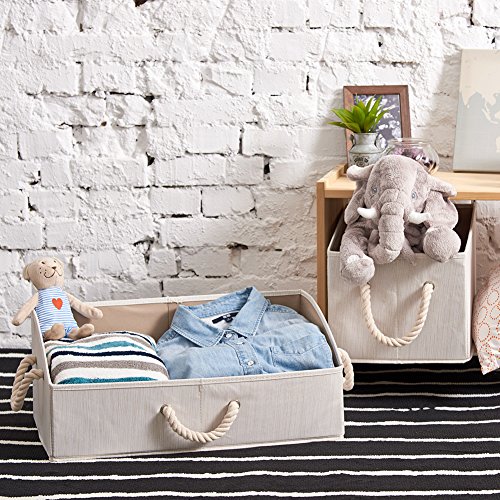 EZOWare Set of 3 Large Storage Bins Foldable Fabric Trapezoid Organizer Boxes with Cotton Rope Handle, Collapsible Basket for Closet, Baby Toys, Diaper - Beige