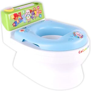 cocomelon official musical transition potty trainer – plays potty training song | transforms from potty to toilet topper seat | easy to clean with handles, splash guard, tracking chart and storage